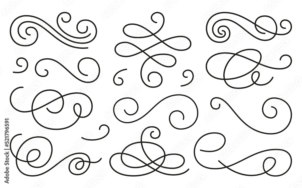 Spiral swirl ornament, line style flourishes set. Filigree ornamental ...