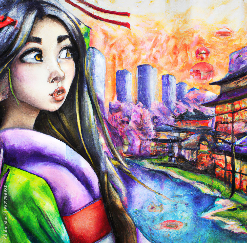 Digital painting cute anime beautiful girl in fantastic style. Cartoon ...