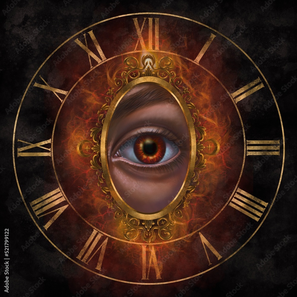 Roman clock dial face with a magical red eye in the mirror. Digital ...
