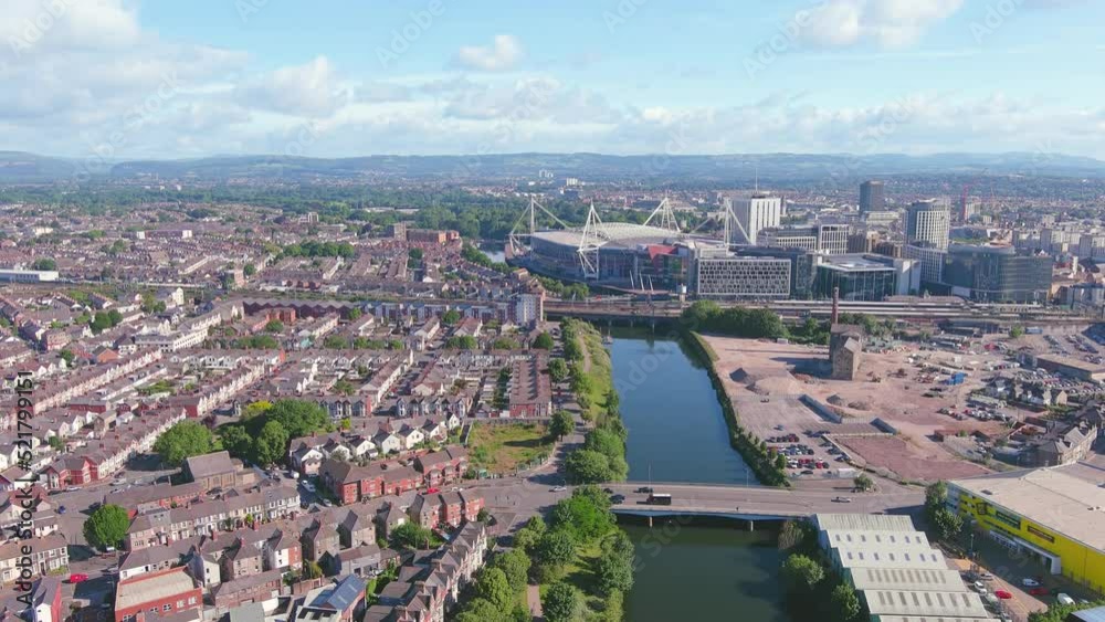 Cardiff, UK: Aerial view of capital city of Wales, modern city centre ...