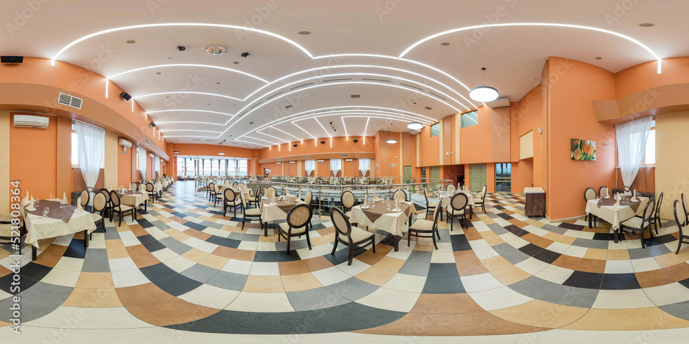 360 panorama inside interior of large banquet hall in modern restaurant ...