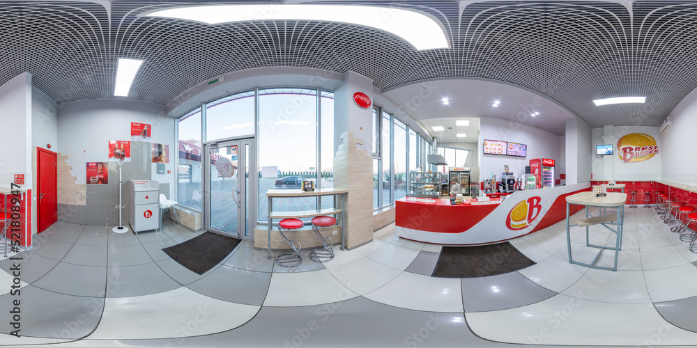 Full seamless 360 degree HDRI spherical panorama, Roadside fast food ...
