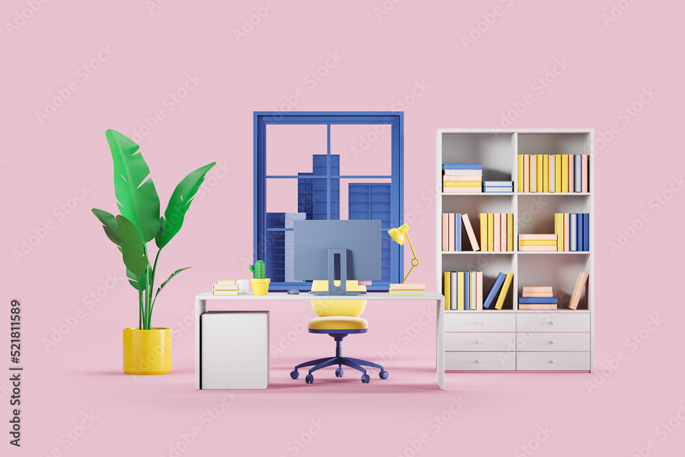 Cartoon office interior with desk and computer, shelf and window Stock ...