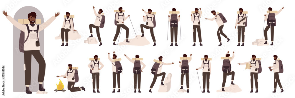 Cartoon man holding map, backpack and hike sticks trekking, climbing on ...