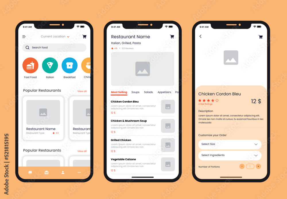 Online food delivery mobile app template. Online shop website concept. Shopping application ...