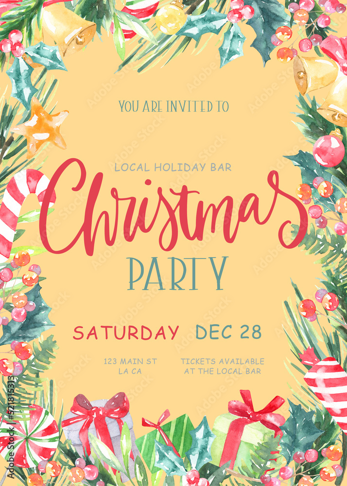 Christmas Party poster design Watercolor illustration, gold flyer ...