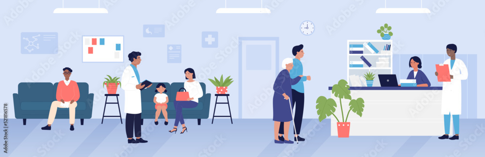 Poster Reception hospital room with visitors, doctor and nurse ...