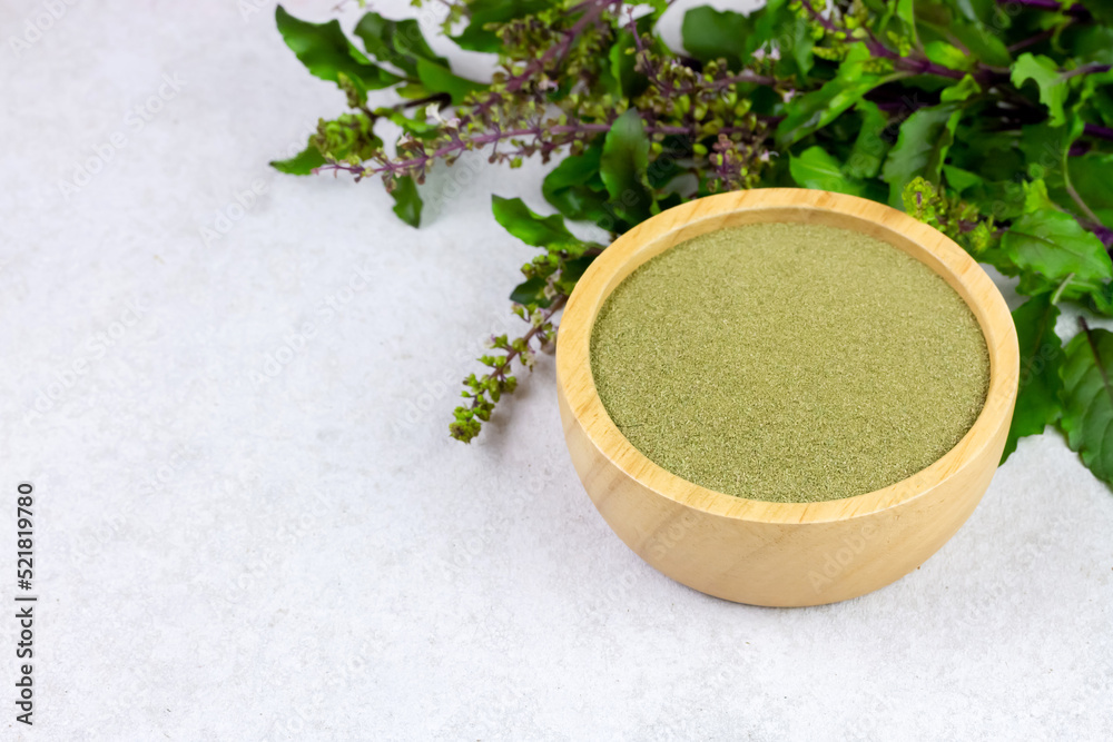 Holy basil powder on wooden bowl with branch on white background. Holy ...