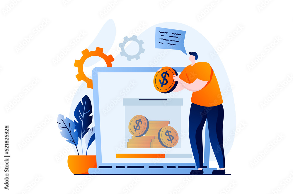 E-payment process concept with people scene in flat cartoon design. Man ...