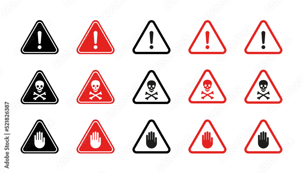 Set of hazard warning signs, black, and red triangle warning safety and ...