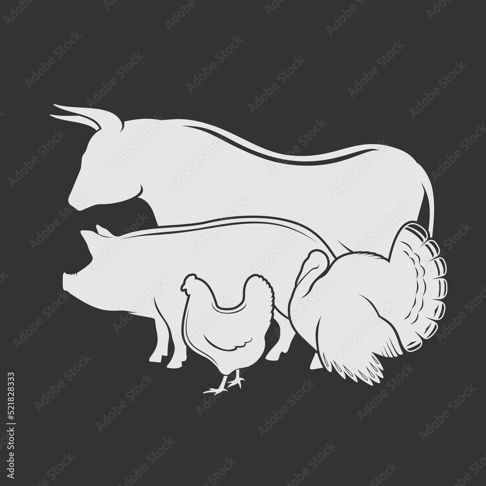 Bull, Chicken, Turkey and Pig silhouette isolated on white background ...