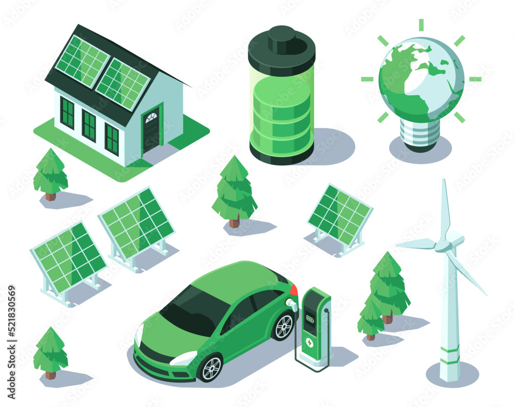 Renewable energy isometric illustration vector isolated on white ...