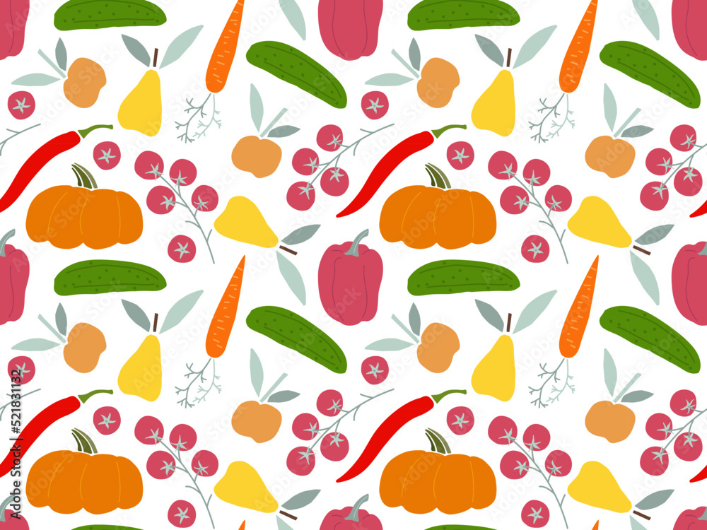 Seamless pattern with Farmers market vegetables and fruits. Hand drawn ...