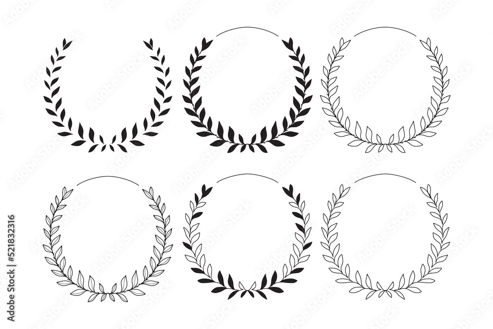 Vetor de Round frames with laurel branches. Hand drawn vector laurel ...