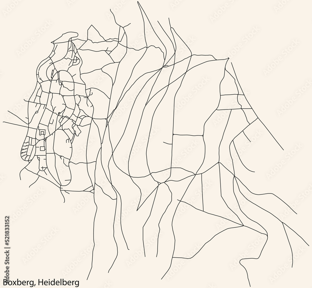 Detailed navigation black lines urban street roads map of the BOXBERG ...