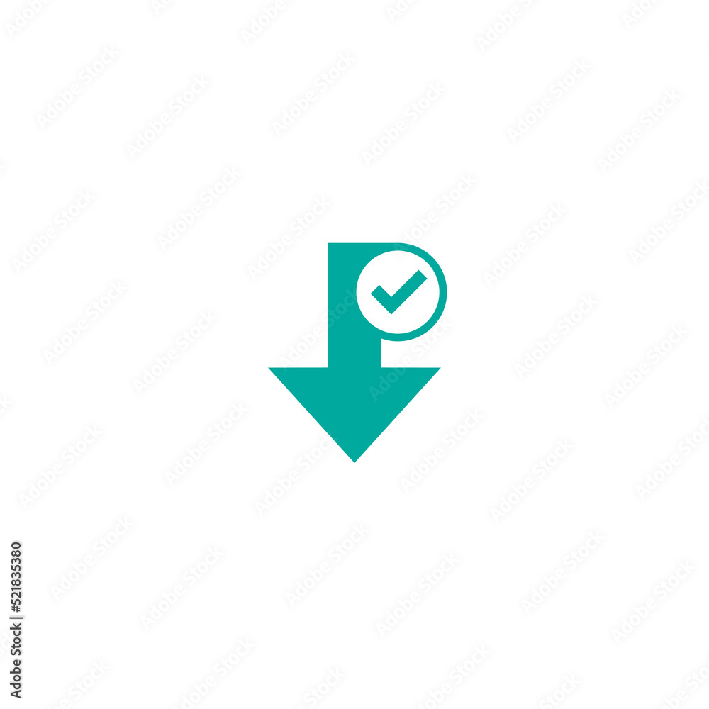 blue arrow down with check mark icon. flat download sign isolated on ...