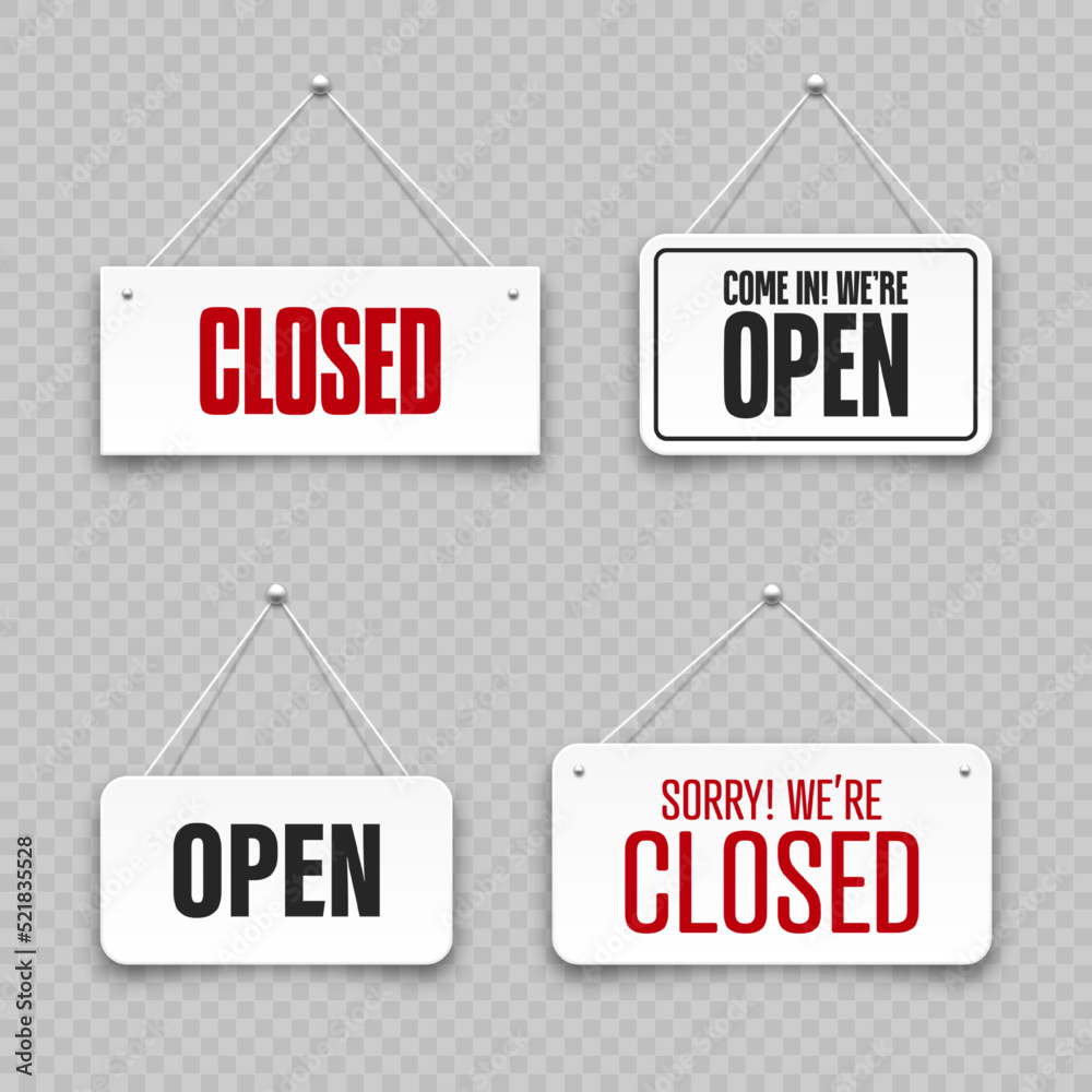 Realistic open or closed hanging signboards. Vintage door sign for cafe ...