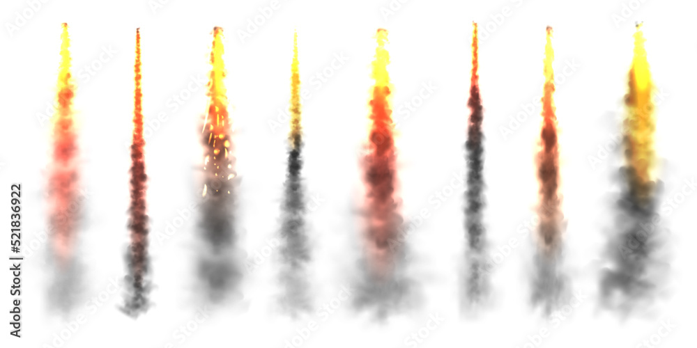 Realistic black smoke with fire, space rocket launch trails. Fire burst ...