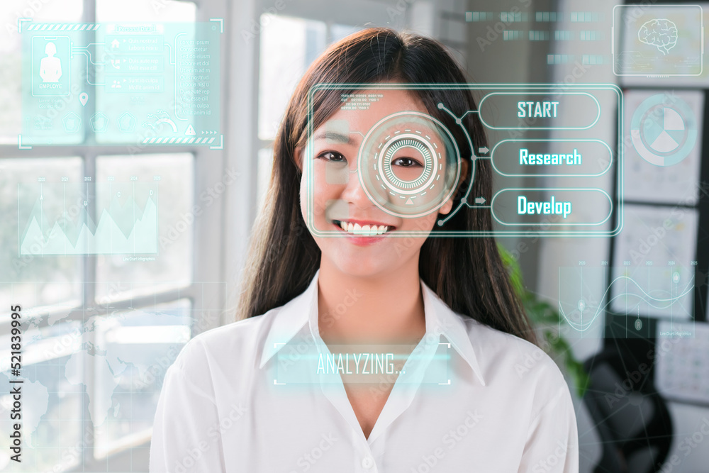 Facial recognition technology of asian business woman smile. Face ...