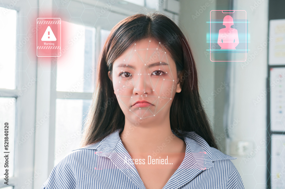 Facial recognition technology of asian business woman angry emotion ...