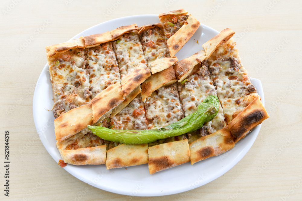 Turkish pita with minced cubed meat and cheese (Turkish name: Kiyma ...