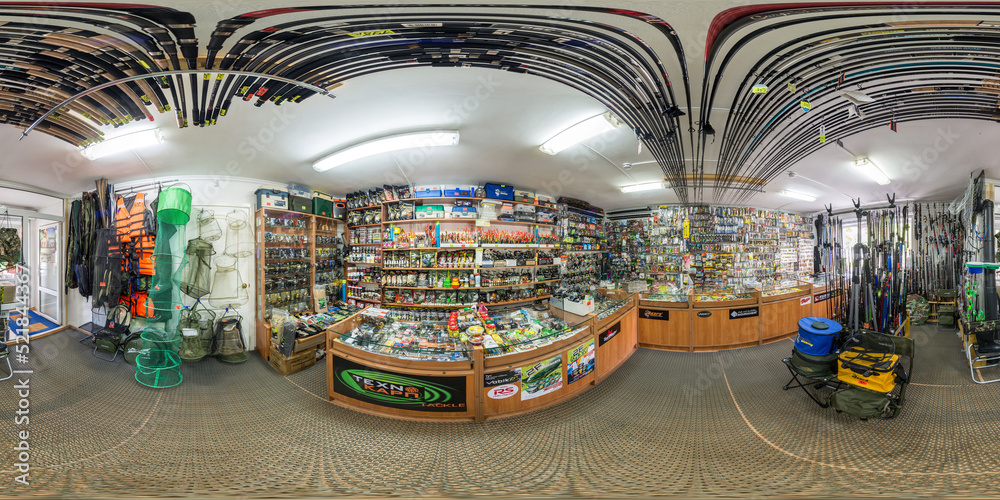 Full spherical seamless hdri panorama 360 degrees. Fishing tackle shop ...