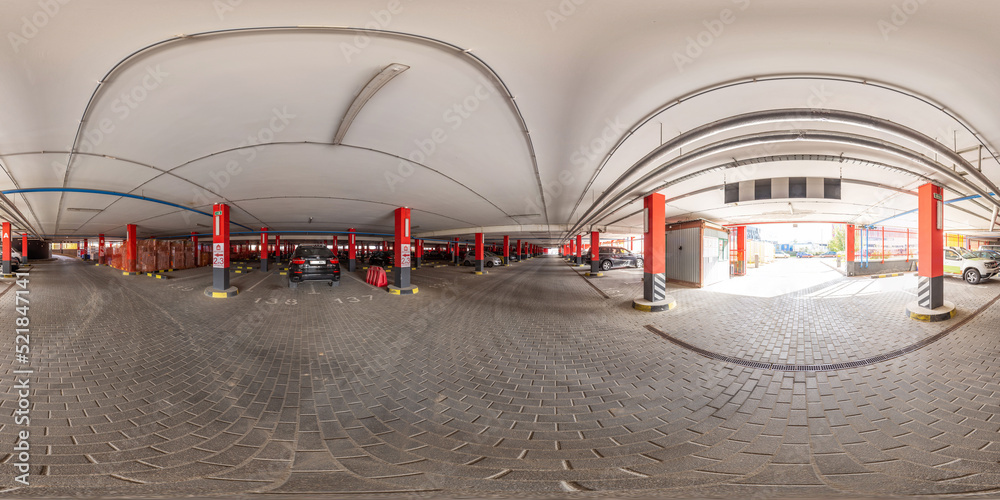Full spherical seamless hdri panorama 360 degrees angle inside parking ...