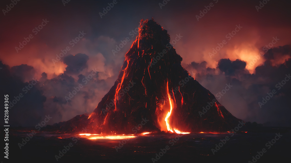 Night landscape with volcano and burning lava. Volcano eruption ...
