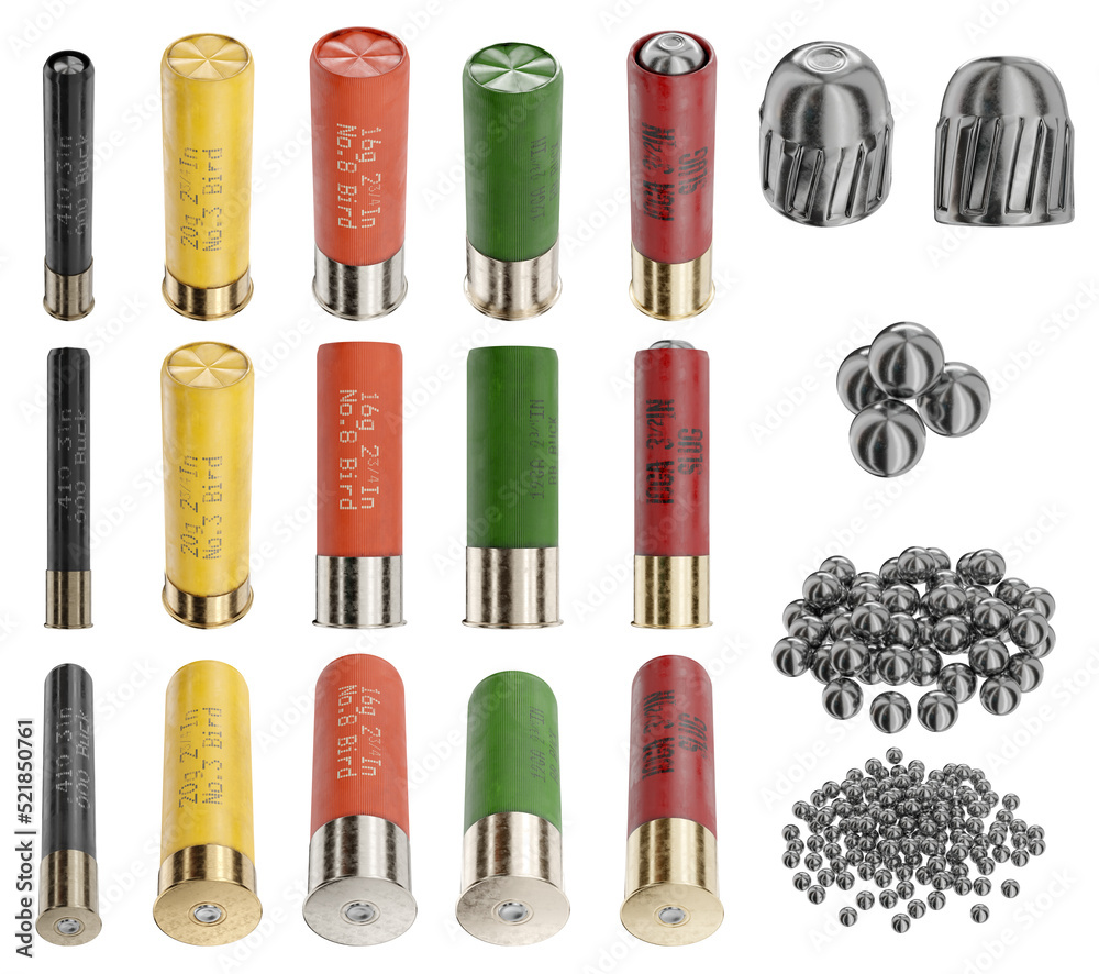 3d render illustration of a various shotgun ammunition isolated on white background Stock ...