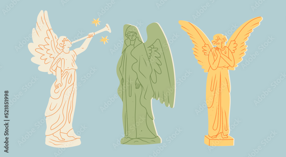 Set of three colorful Statues. Sculptures with wings. Antique statue ...