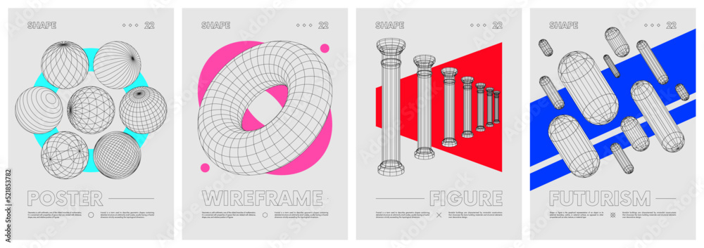 Strange wireframes of geometrical shapes and colored geometric figures ...