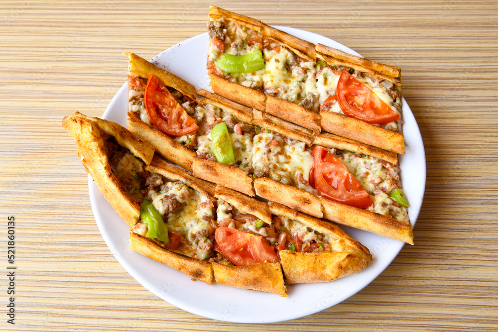 Turkish pita with minced cubed meat and cheese (Turkish name: Kiyma ...