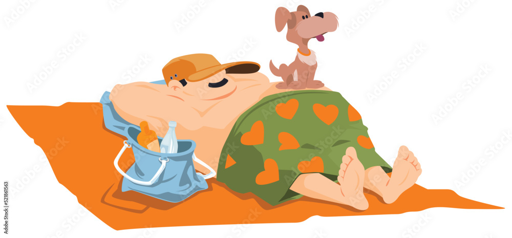 Fat man is sunbathing on beach. Illustration for internet and mobile ...