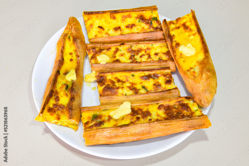Turkish pita with minced cubed meat and cheese (Turkish name: Kiyma ...