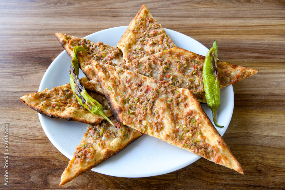 Turkish pita with minced cubed meat and cheese (Turkish name: Kiyma ...