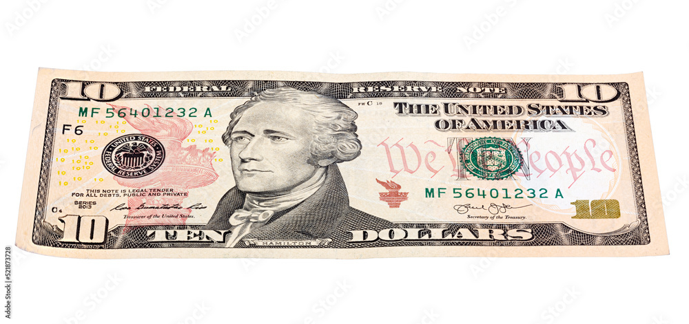 10 dollars banknote stacked end isolated on white background, made at ...