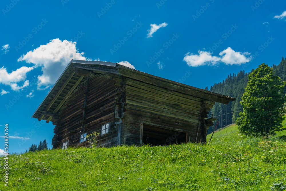 Holzstadel, Scheune, Haus aus Holz am steilen Abhang in Adelboden. auf ...