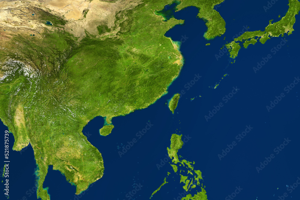 East Asia map in satellite photo, China and Taiwan in center. Elements ...