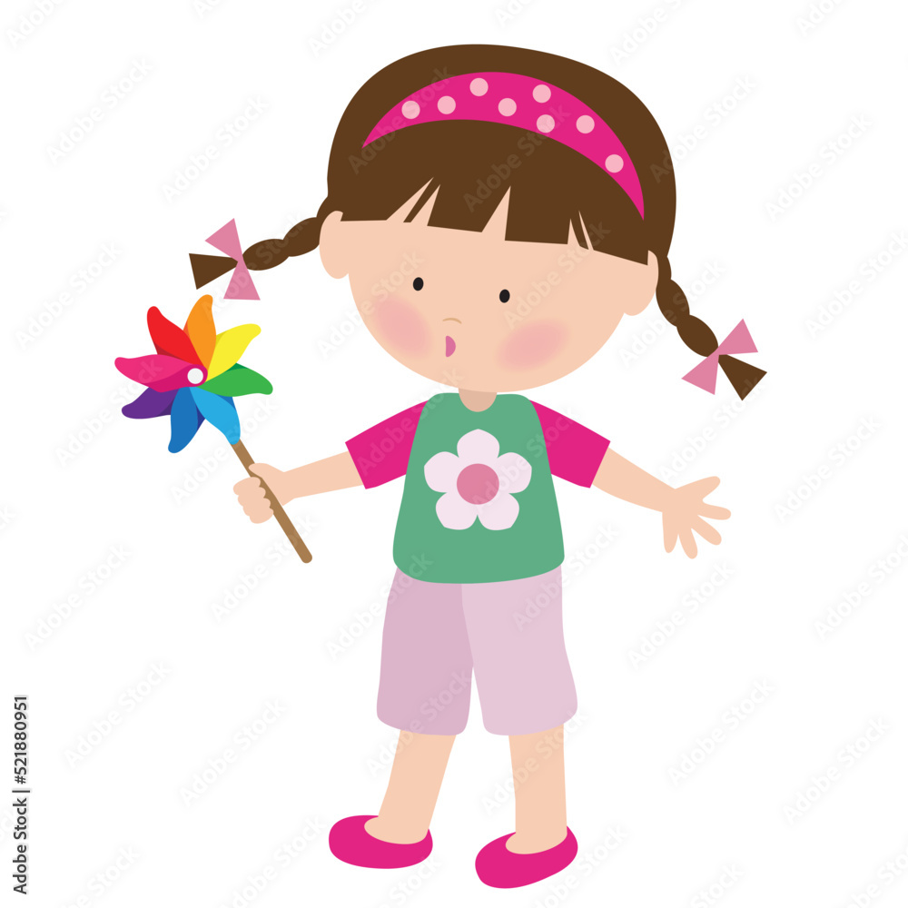 Cute little girl blowing windmill vector cartoon illustration Stock ...