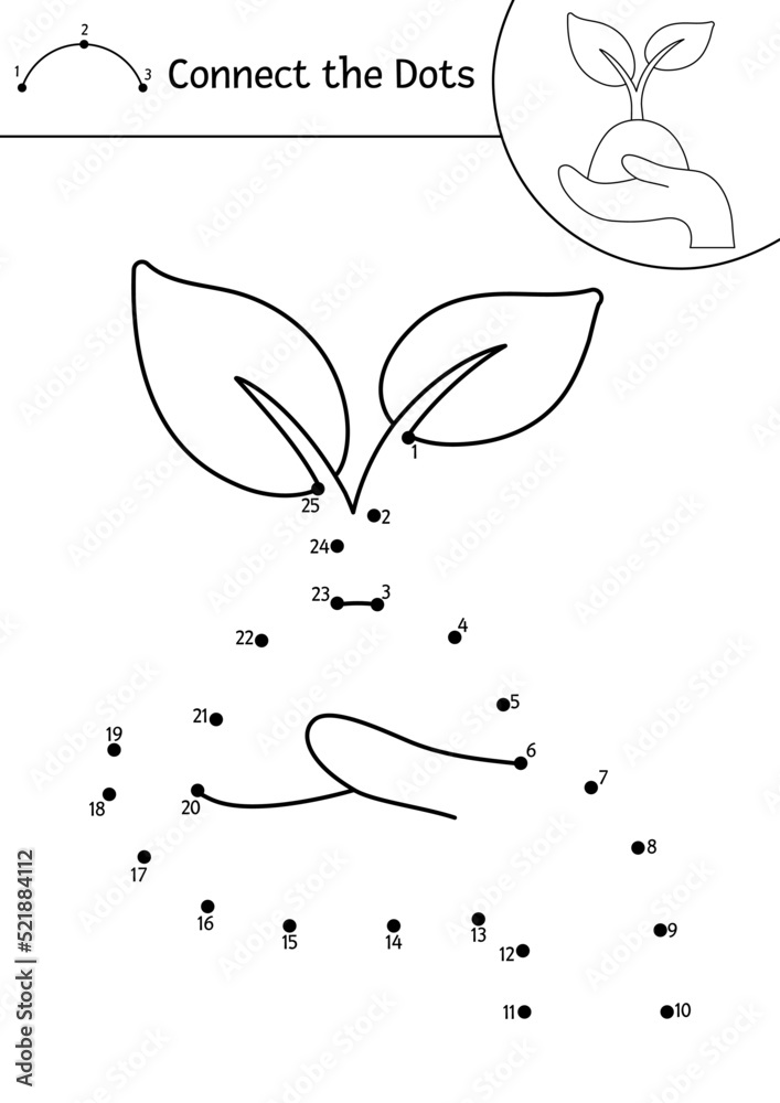 Vector dot-to-dot and color activity with hand holding plant ...
