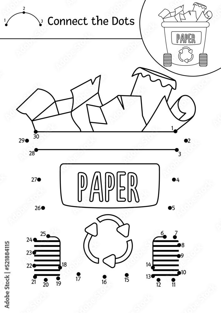 Vector dot-to-dot and color activity with cute waste container with ...