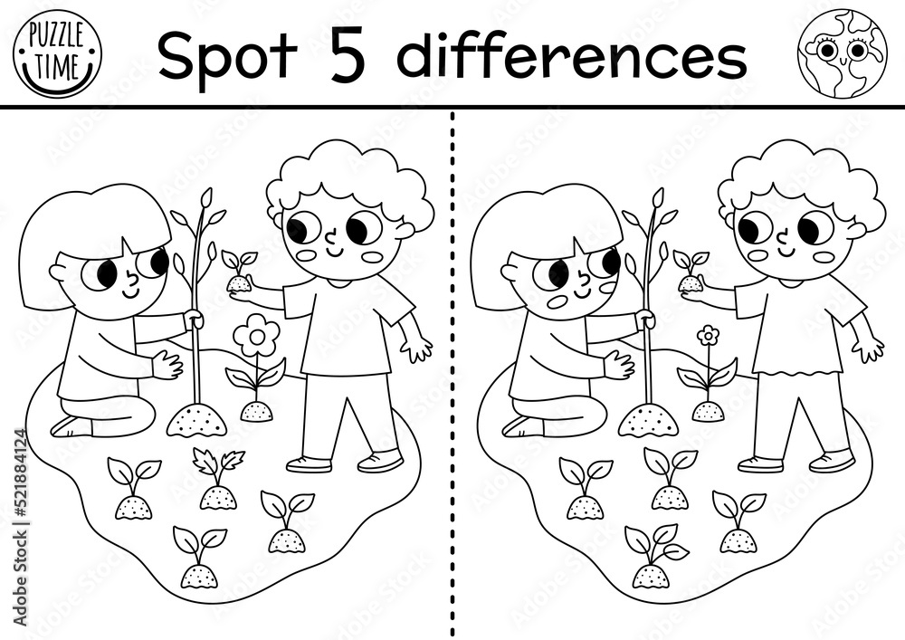Find differences game. Ecological black and white educational activity ...