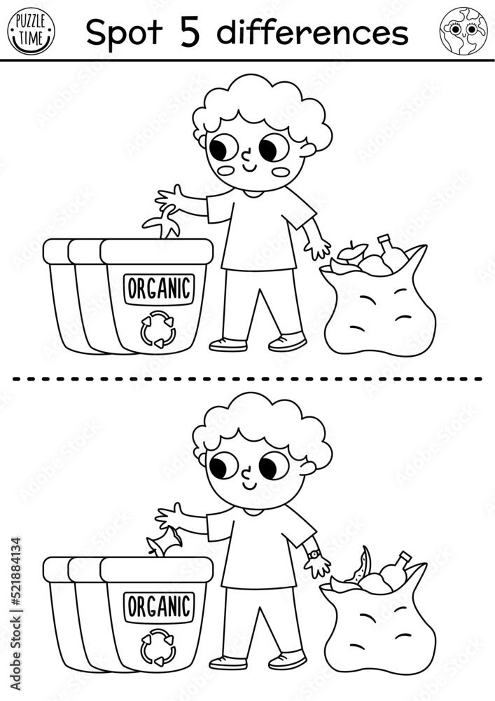 Find differences game. Ecological black and white educational activity ... Find differences game. Ecological black and white educational activity ...