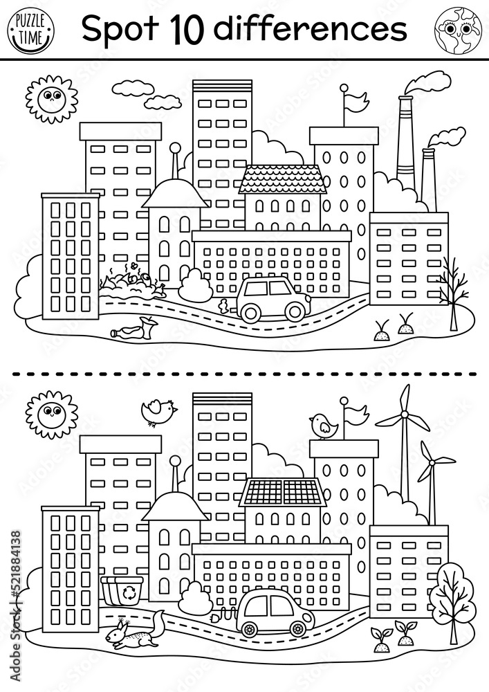 Find differences game. Ecological black and white educational activity ...