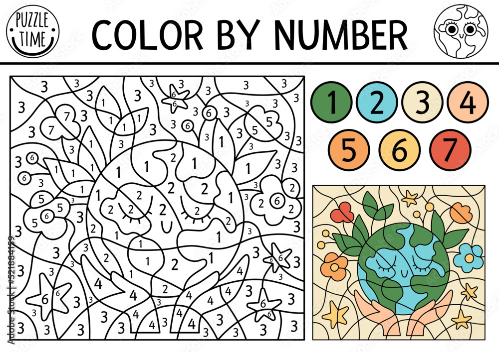 Vector ecological color by number activity with hands holding planet ...