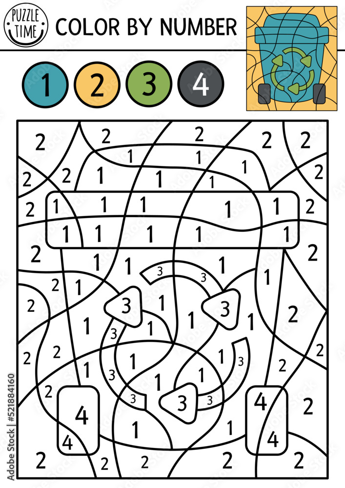 Vector ecological color by number activity with rubbish container. Eco ...