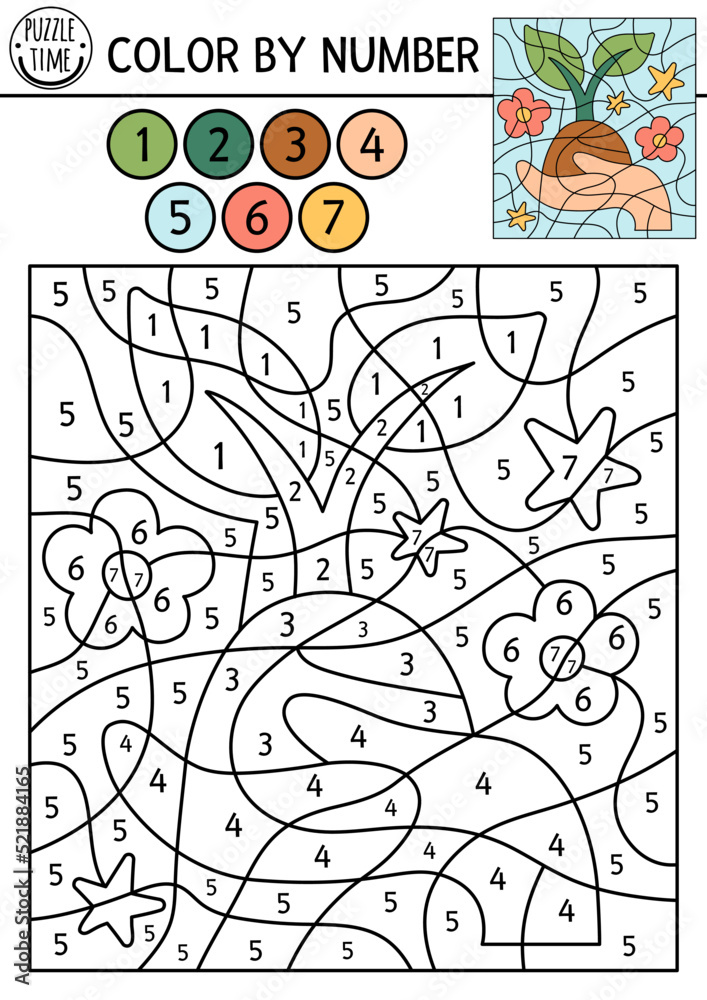 Vector ecological color by number activity with hands holding plant ...
