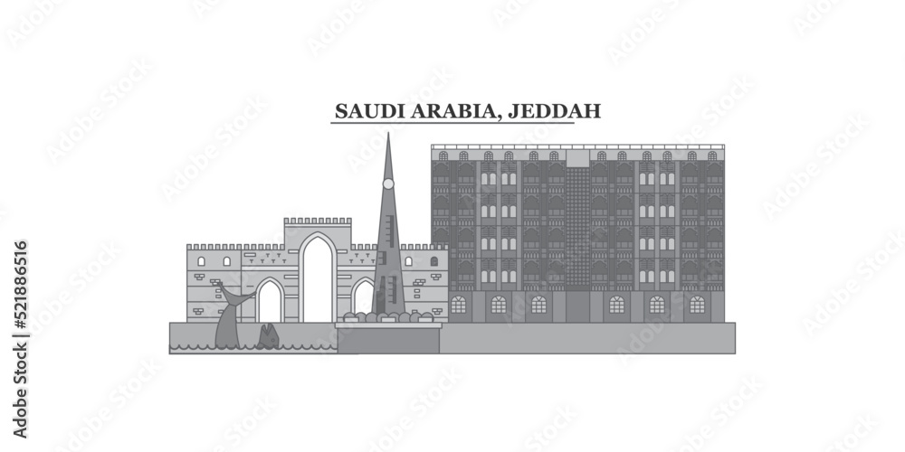 Saudi Arabia, Jeddah city skyline isolated vector illustration, icons ...