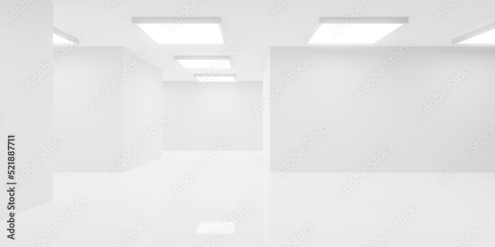 Abstract empty, modern white room with connecting hallway with square ...