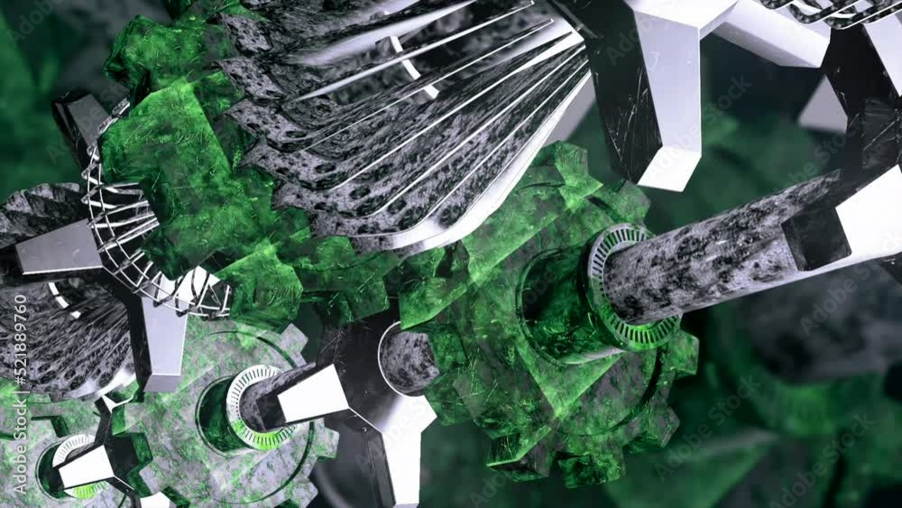 Green background. Motion.Various iron objects of the mechanism in the ...